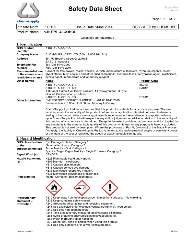 Safety Data Sheet: N-Butyl Alcohol | PDF | Dangerous Goods | Toxicity