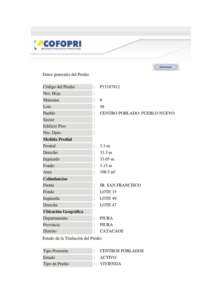 Datos Generales Del Predio en COFOPRI | PDF