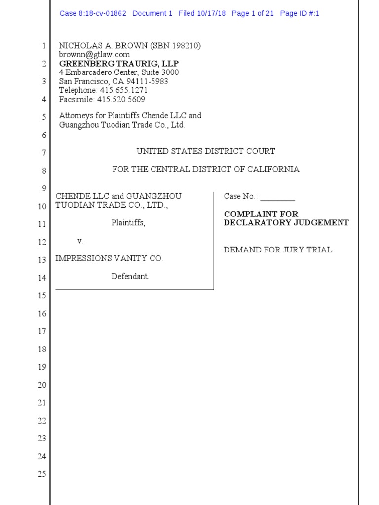 Chende v. Impressions Vanity - Complaint | PDF | Declaratory Judgment | Doctrine Of Equivalents