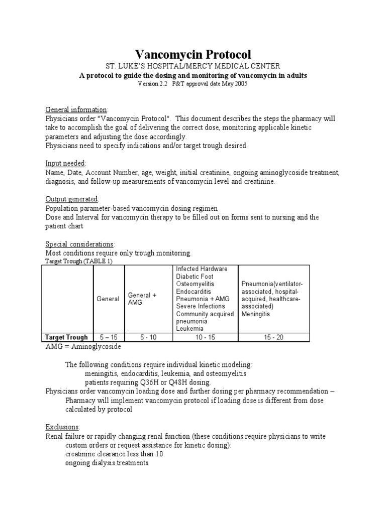 Vancomycin Protocol: A Protocol To Guide The Dosing and Monitoring of ...