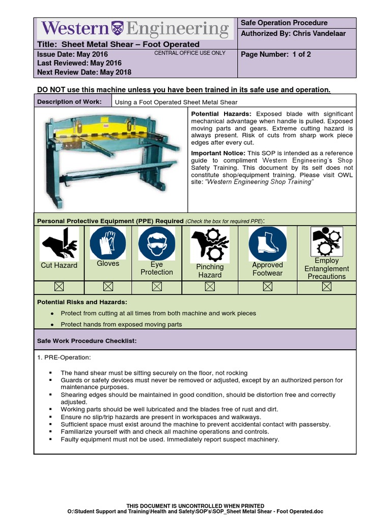 Sop Sheet Metal Shear Foot Operated | Personal Protective Equipment ...
