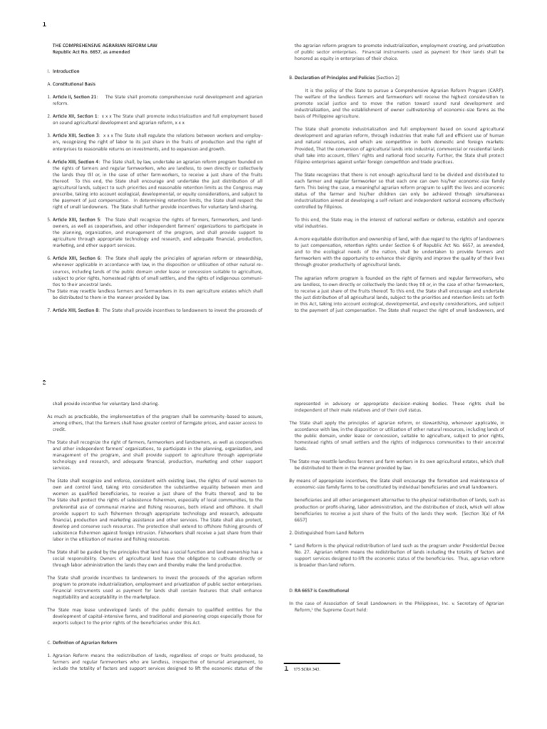 The Comprehensive Agrarian Reform Law Ra 6657 As Amended | PDF ...