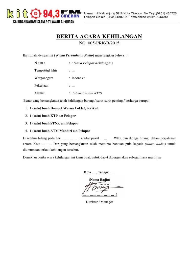 Contoh Surat Berita Kehilangan Dokumen Penting Pribadi | PDF