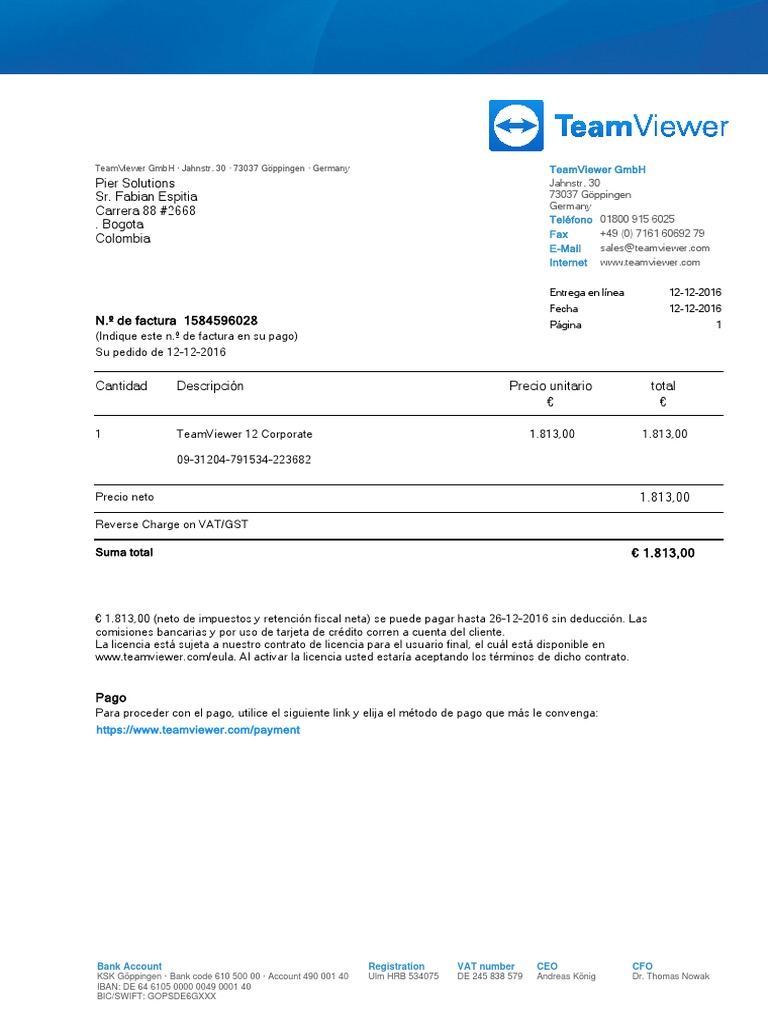 Factura de Licencia TeamViewer 12 | PDF | Pagos | Tecnología financiera