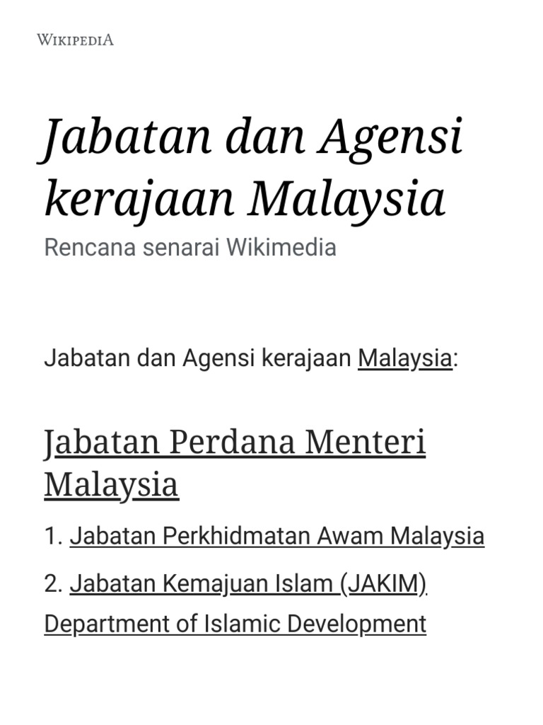 Jabatan Dan Agensi Kerajaan Malaysia - Wikipedia Bahasa Melayu ...