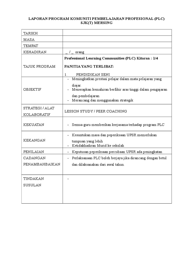 Borang Laporan Program PLC SJK(T) Mersing | PDF | Bisnis | Seni