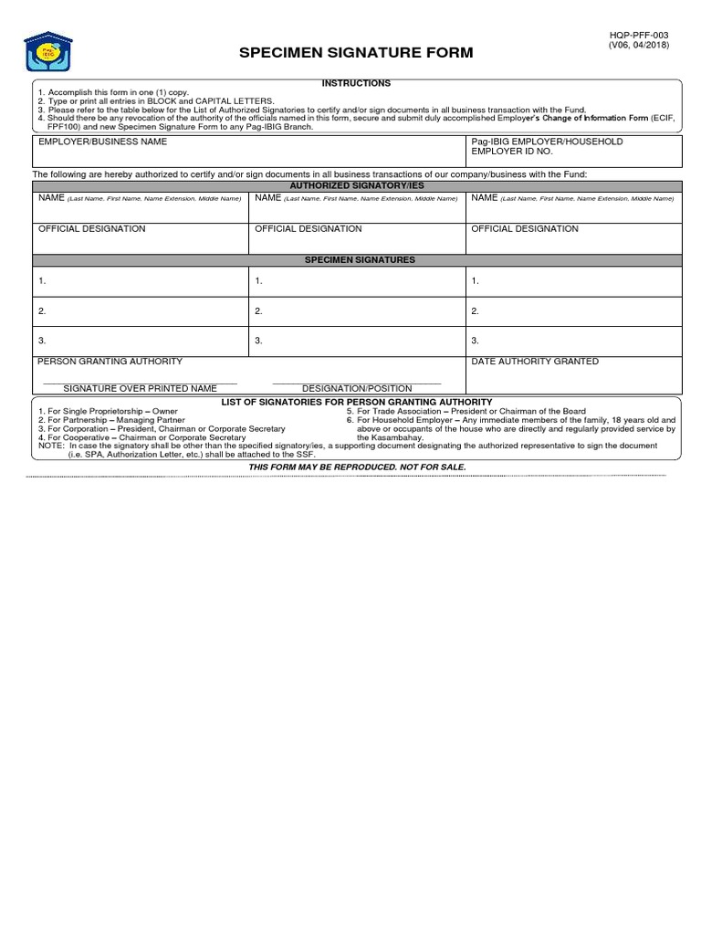 Pag-IBIG Specimen Signature Form | PDF | Signature | Social Institutions