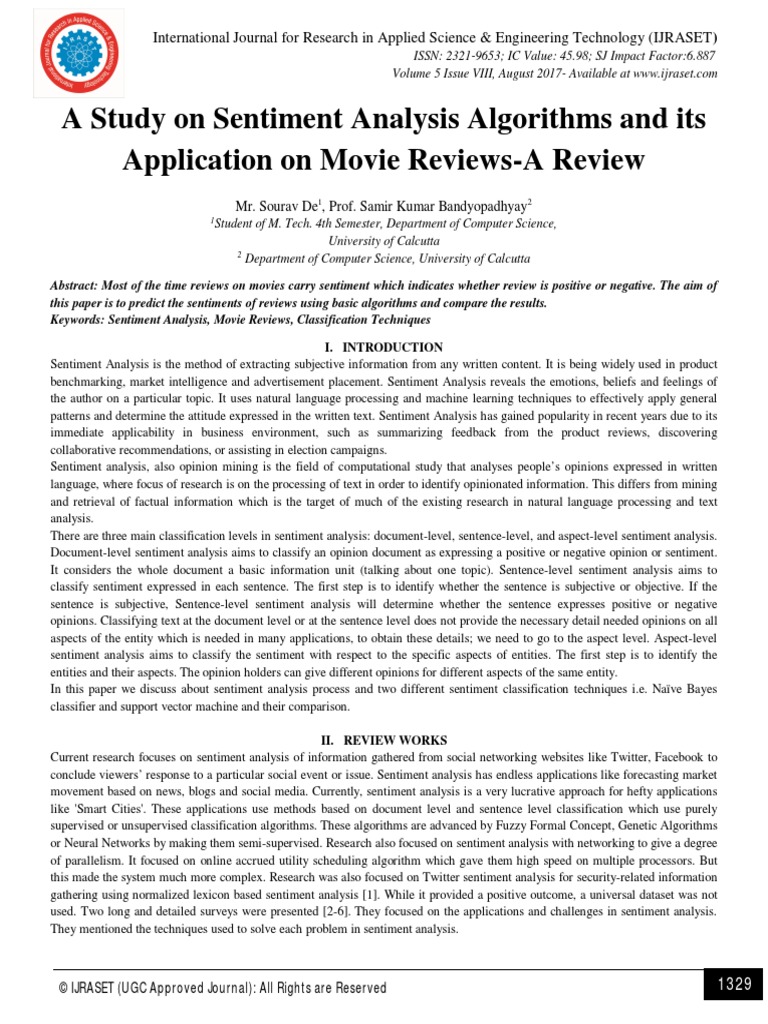 A Study On Sentiment Analysis Algorithms and Its Application On Movie Reviews-A Review | PDF ...