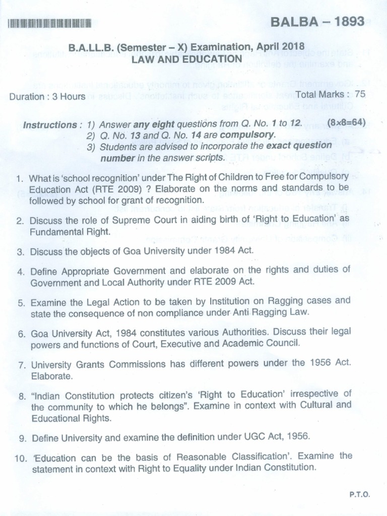 BALLB Law and Education Question Paper | PDF