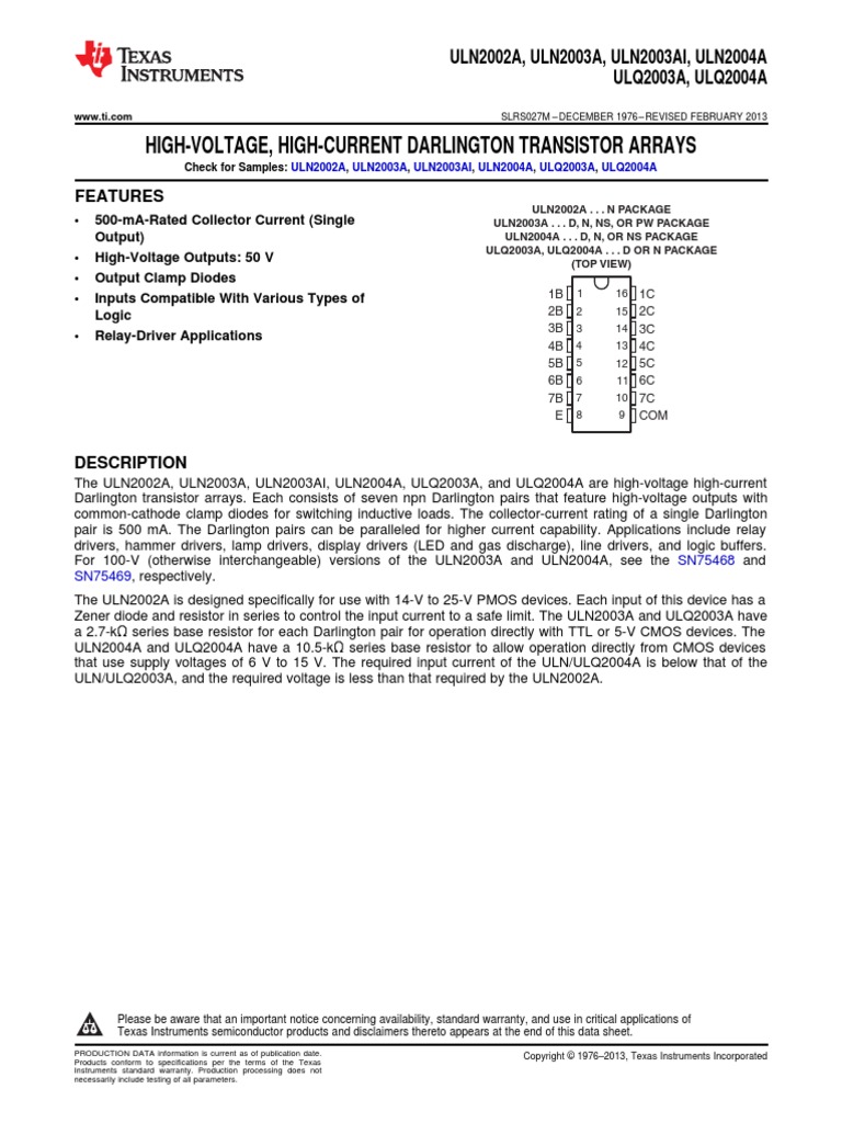 High-Voltage, High-Current Darlington Transistor Arrays: Features | PDF ...