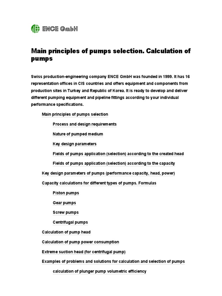 Main Principles of Pumps Selection. Calculation of Pumps | PDF | Pump ...
