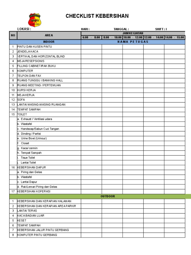 Contoh Checklist Kebersihan
