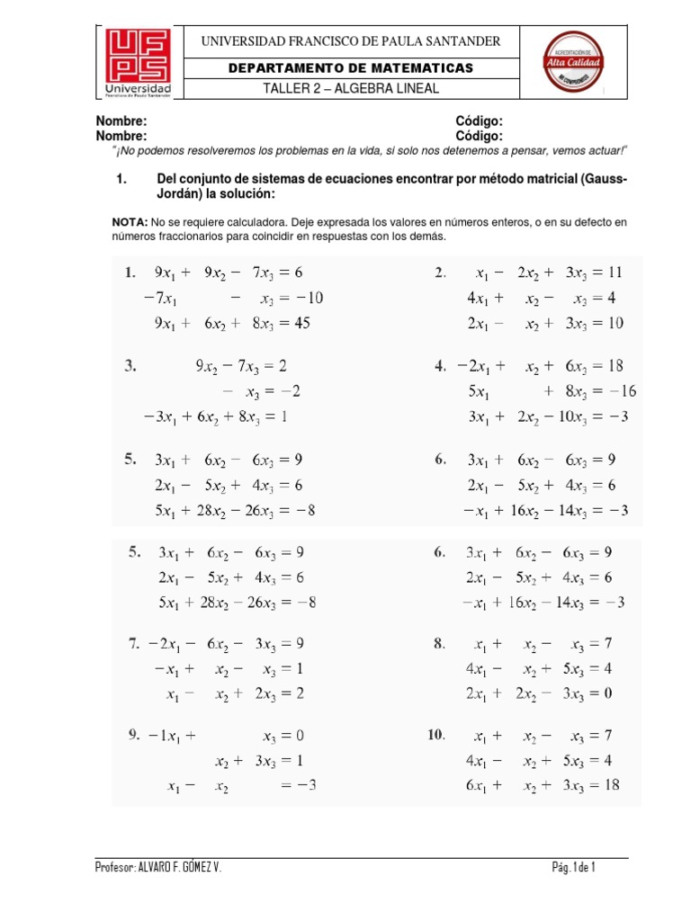 Taller 2 Algebra Lineal. Unidad 2. Sistemas de Ecuaciones (Matrices, Gauss Jordan) | PDF
