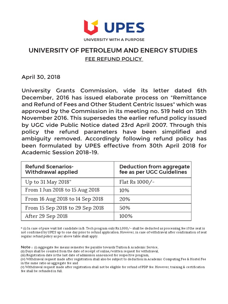 University of Petroleum and Energy Studies Fee Refund Policy ...