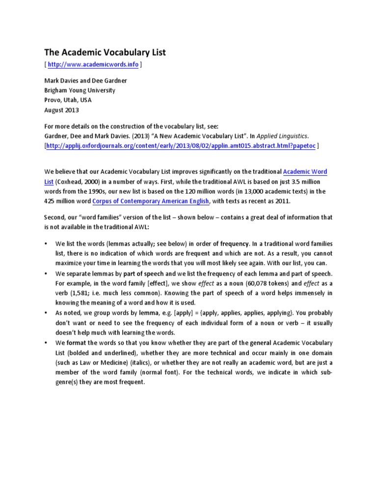Academic Vocabulary List | PDF | Vocabulary | Cognitive Science