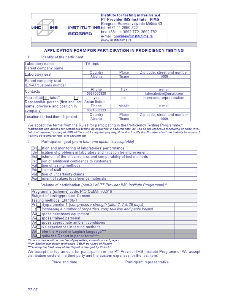 PZ 07 Application Form For Participation in Proficiency Testing | PDF ...