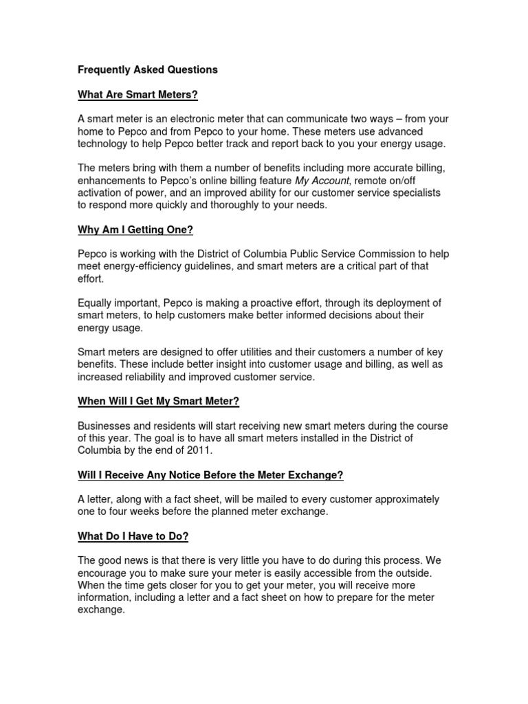 Pepco Smart Meters FAQs | PDF | Energy And Resource | Business
