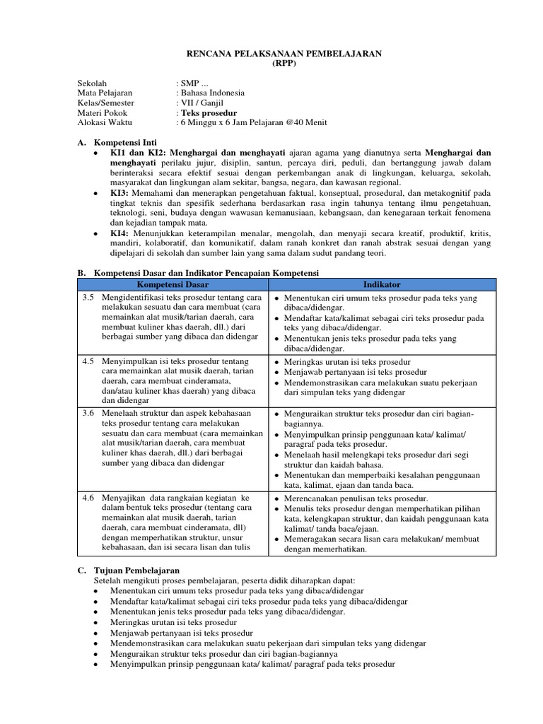 Contoh RPP K13 Bahasa Indonesia Teks Prosedur Terbaru Disertai Literasi ...