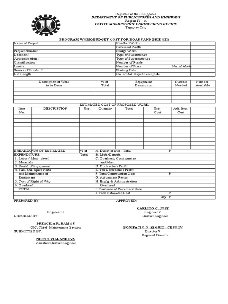 Program Work/Budget Cost For Roads and Bridges | PDF