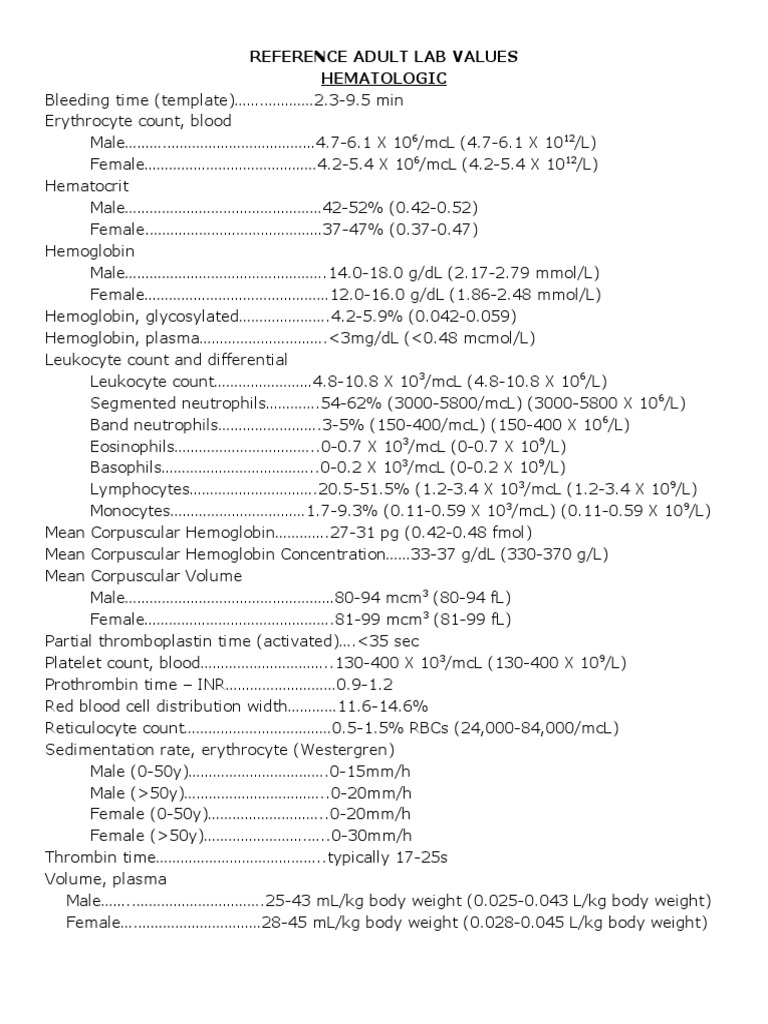 Reference Adult Lab Values | PDF