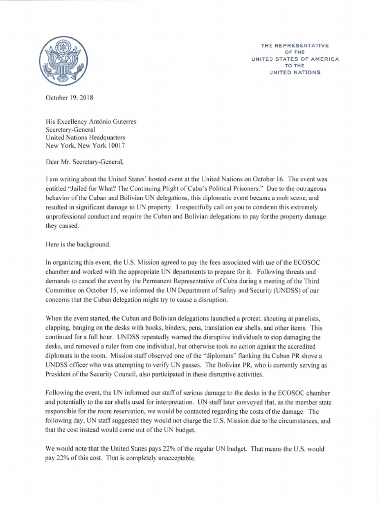 US Letter To UN Secretary General Antonio Guterres | PDF
