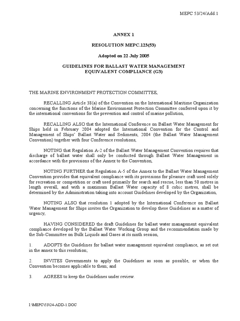 Annex 1 RESOLUTION MEPC.123 (53) Adopted On 22 July 2005 Guidelines For ...