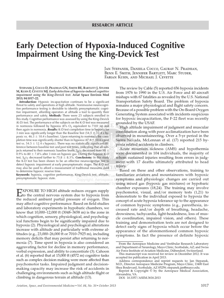 Early Detection of Hypoxia-Induced Cognitive Impairment Using The King ...