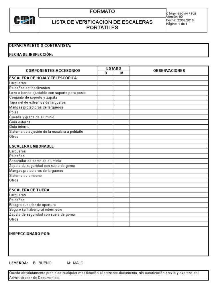 SSOMA-FT-28 Checklist Escaleras Portatiles