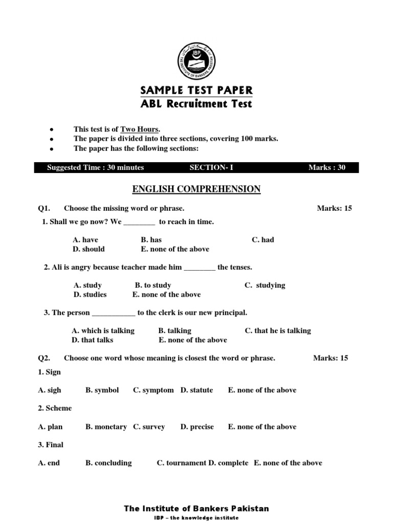 Sample Test Paper ABL Recruitment Test: English Comprehension | PDF ...