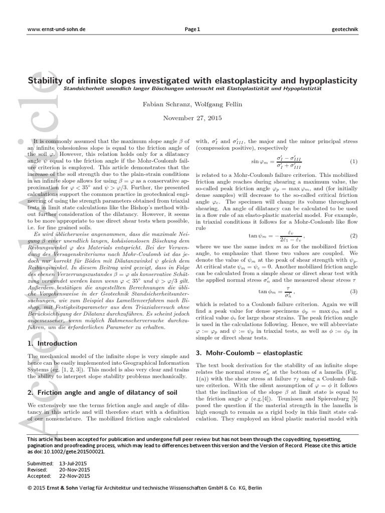 Stability of Infinite Slopes Investigated With Elastoplasticity and ...