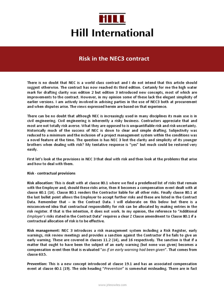 Risk in The NEC3 Contract - David Carrick | PDF | Risk Management | Risk