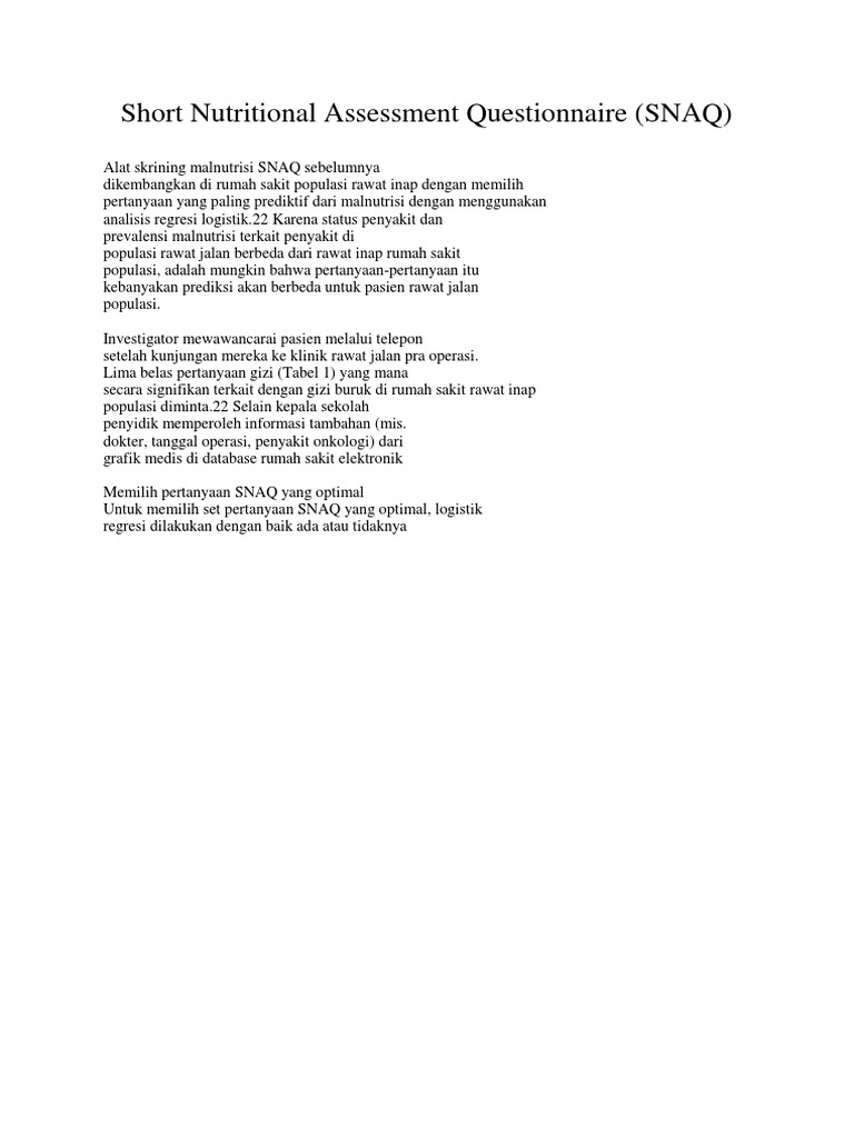 Short Nutritional Assessment Questionnaire | PDF