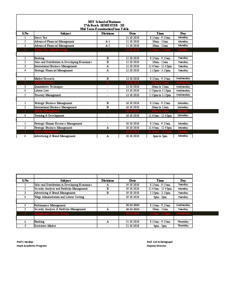 27th Batch Mid Term Time Table | PDF | Economics | Business
