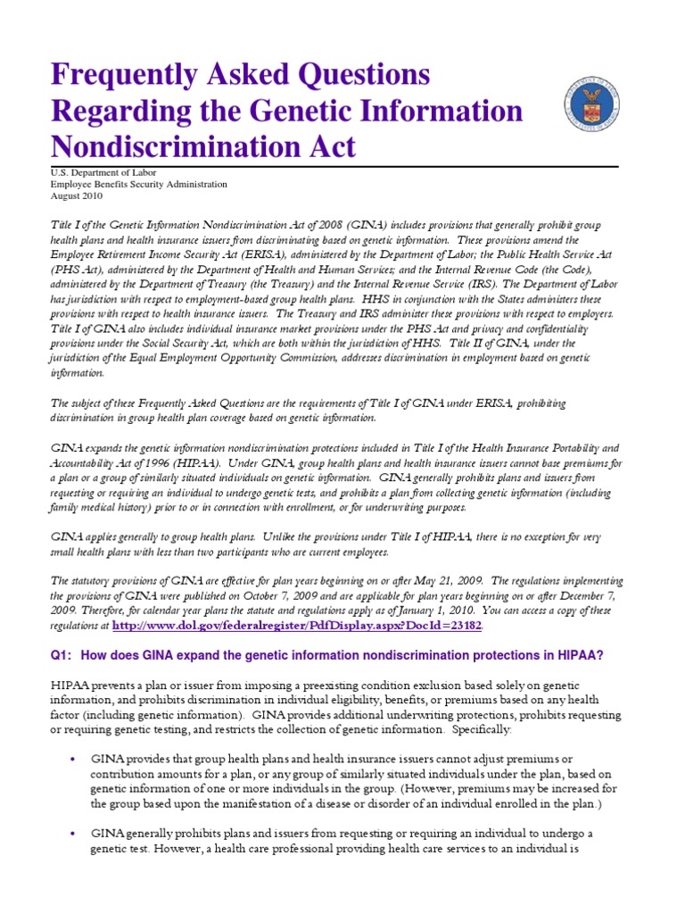 GINA FAQs: Genetic Discrimination Rules | PDF | Genetic Testing ...