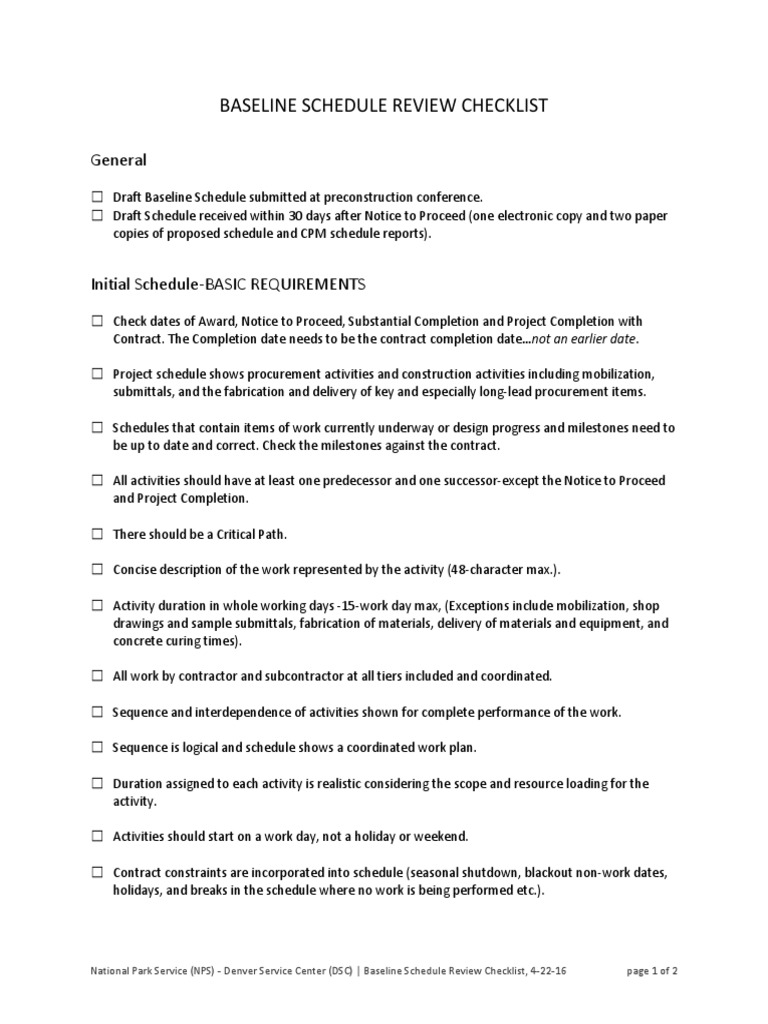Baseline Schedule Review Checklist: General | PDF | Business
