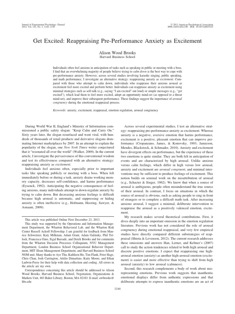 Get Excited: Reappraising Pre-Performance Anxiety As Excitement | PDF ...
