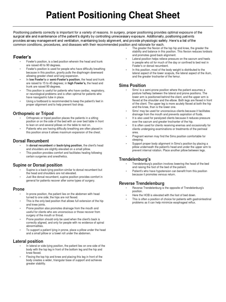 Positioning Patients Cheat Sheet | PDF | Vein | Lung