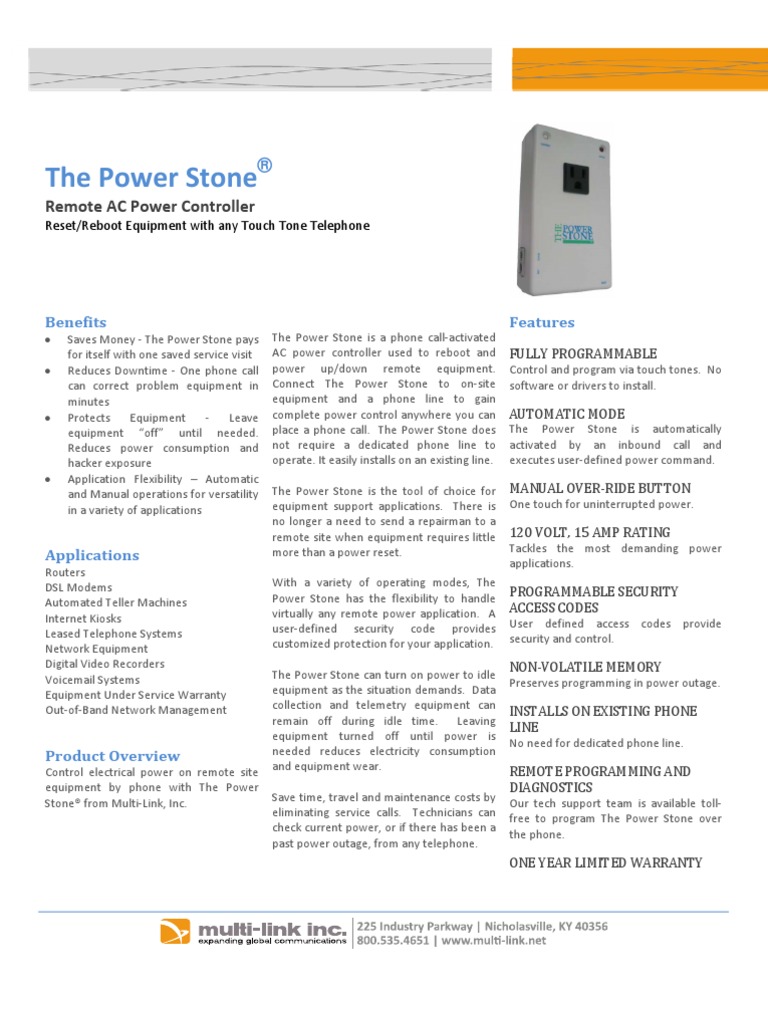 The Power Stone Data Sheet 8-12-09 | PDF | Telephone | Computer Security
