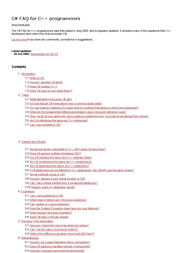 C# FAQ For C++ Programmers: Latest Updates | PDF | C Sharp (Programming ...
