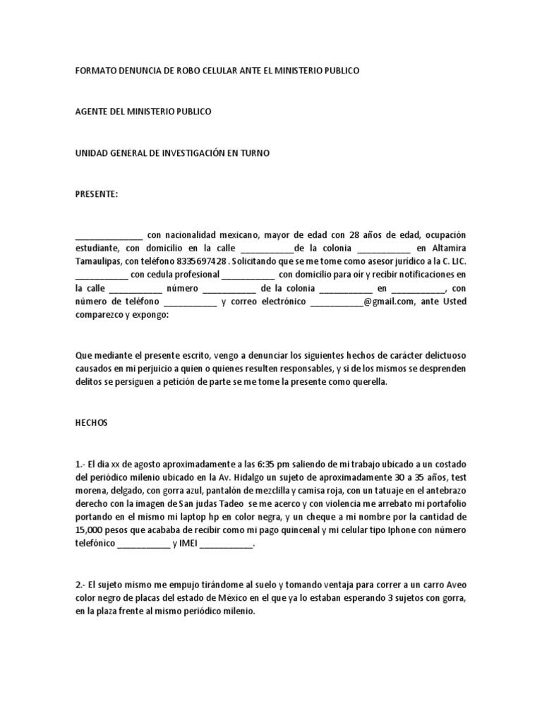 Formato Denuncia de Robo Celular Ante El Ministerio Publico | Violencia
