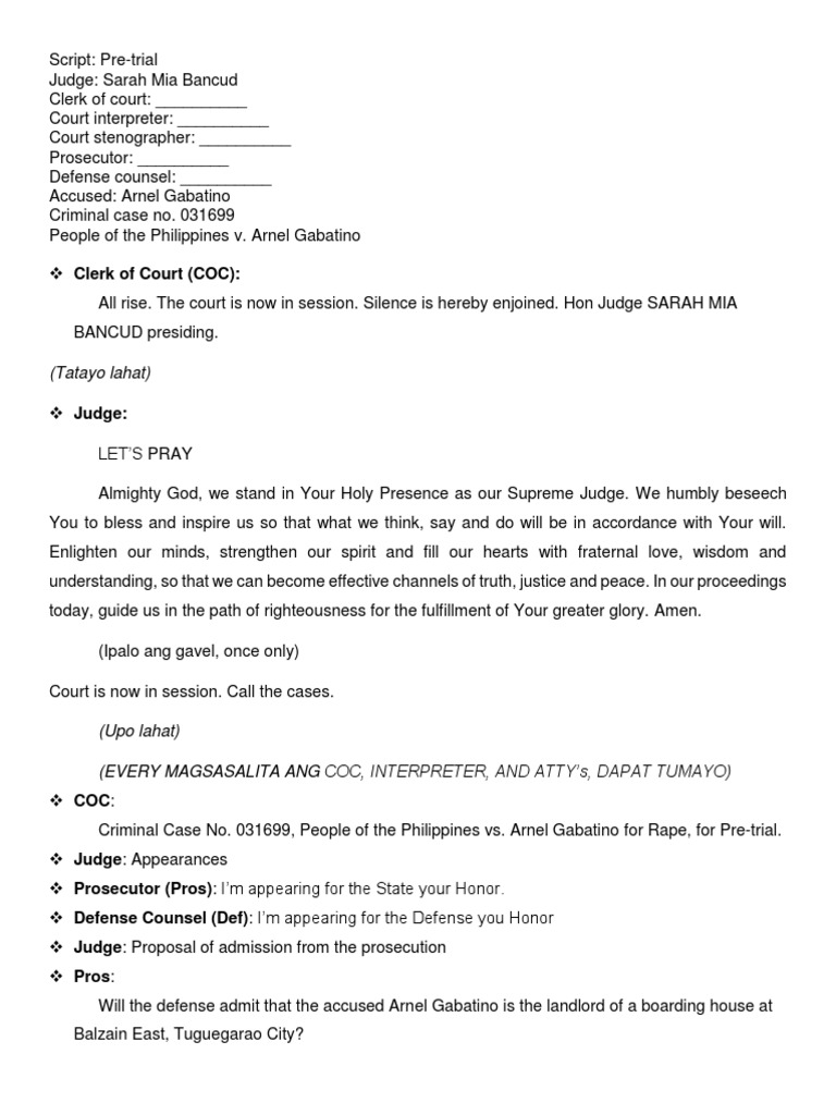 Script Pretrial Sarah | PDF | Prosecutor | Witness