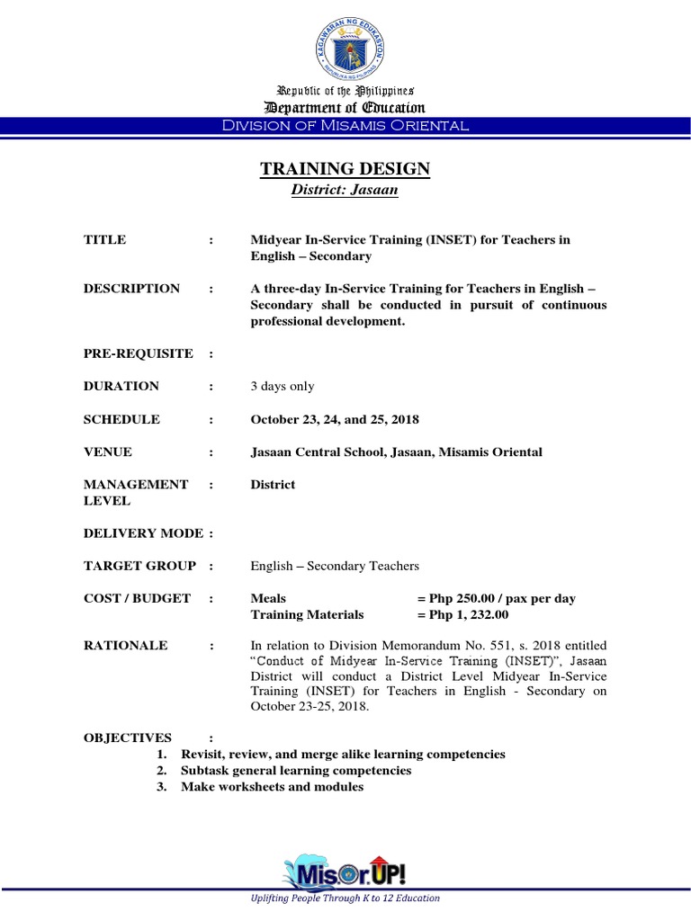 Inset Training Design | PDF | Office Equipment | Behavior Modification