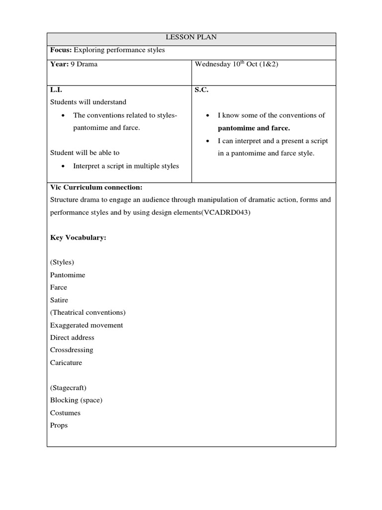Year 9 Drama: Pantomime & Farce Lesson Plan | PDF | Theatre | Behavior ...