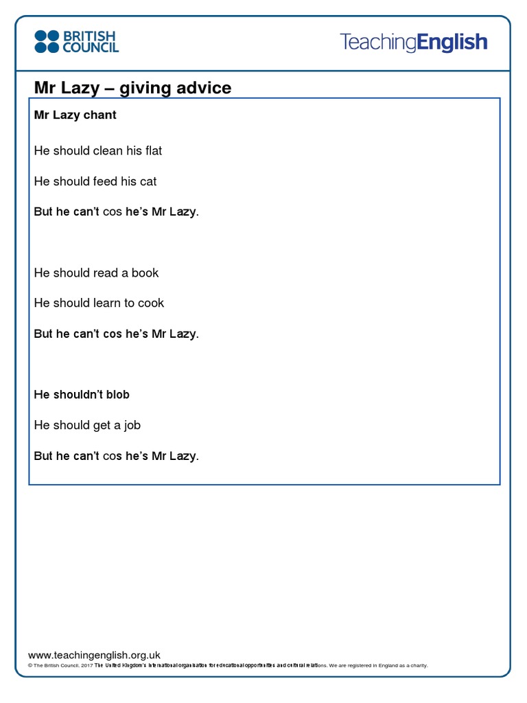 Mr Lazy Chant: Advice and Activities | PDF