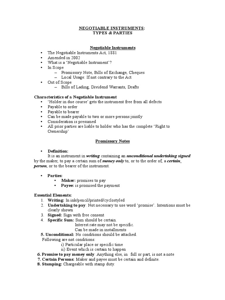 Negotiable Instruments Types & Parties | PDF | Negotiable Instrument ...