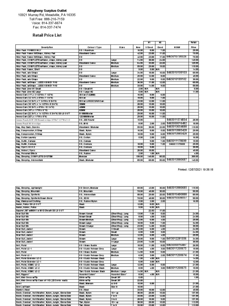 Allegheny Surplus Oulet Inventory-List | PDF | Military Technology ...