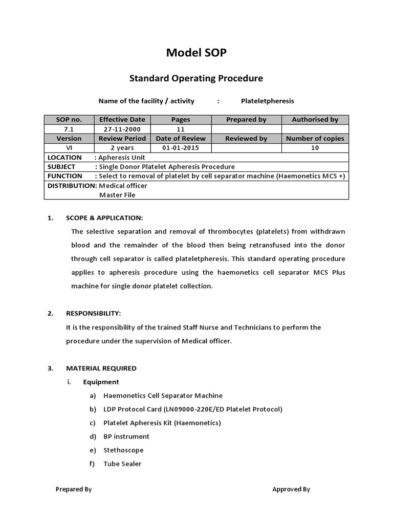 Model SOP: Standard Operating Procedure | PDF | Blood Donation | Platelet
