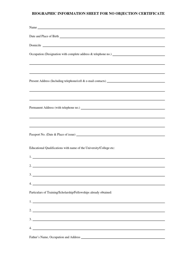 Biographic Information Sheet For No Objection Certificate | PDF | Business