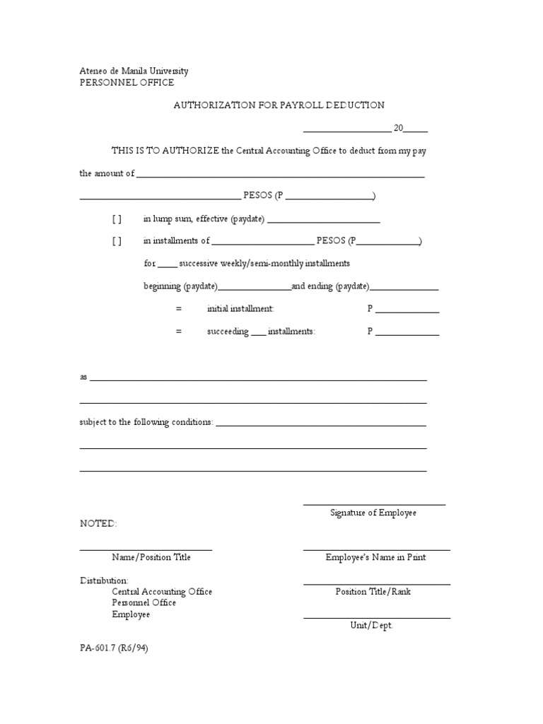 Authorization For Payroll Deduction Form | PDF