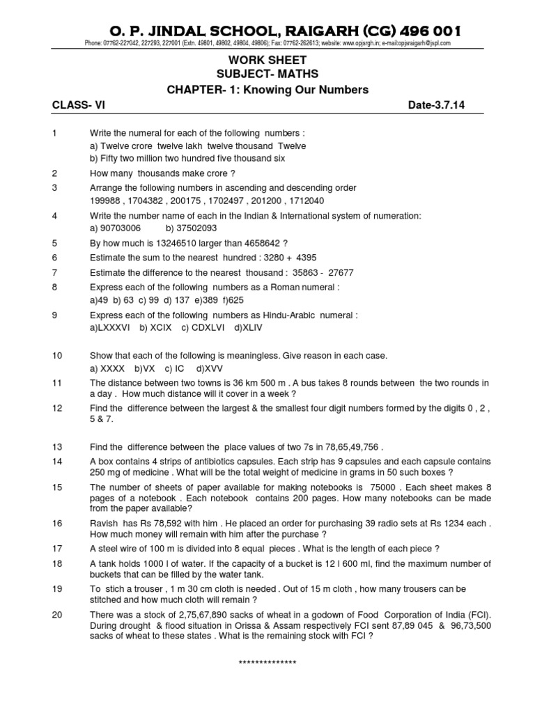 CBSE Class 6 Knowing Our Numbers Worksheet | PDF | Teaching Mathematics ...